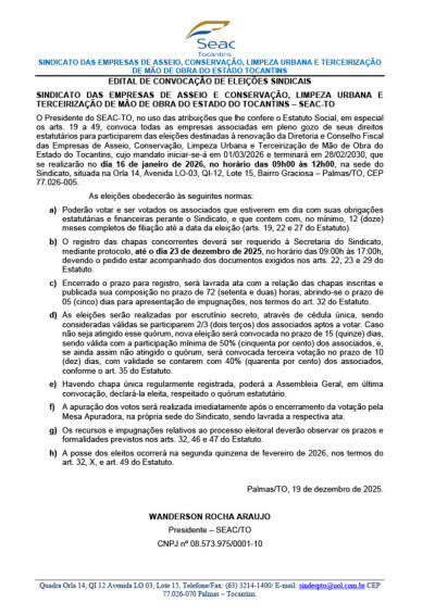 SEAC convoca eleições sindicais 2026-2030 - Conexão Tocantins - Portal ...